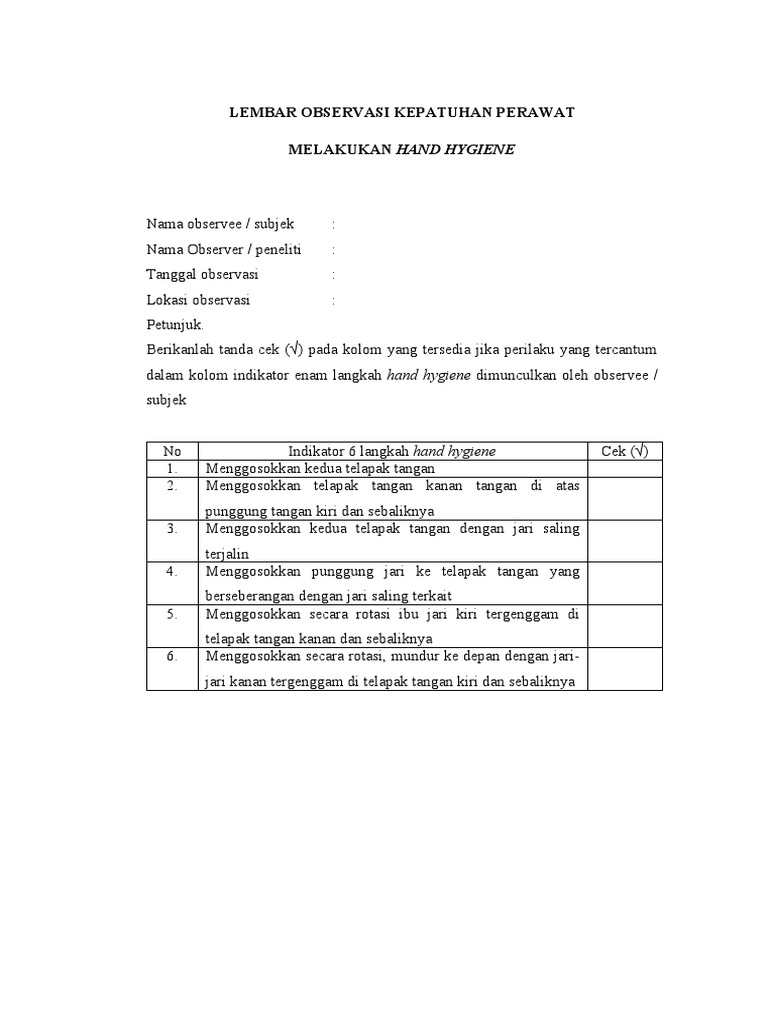 HAND HYGIENE OBSERVATION SHEET | PDF