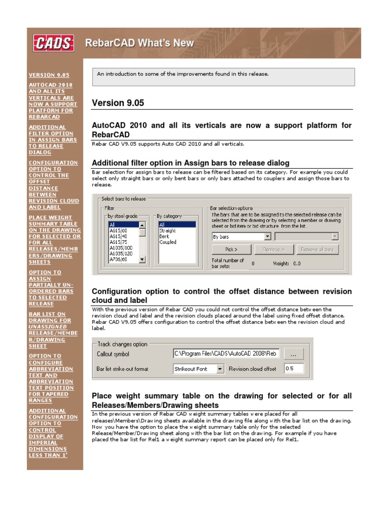 RebarCAD What's New in V9.05 PDF | PDF | Computing | Software