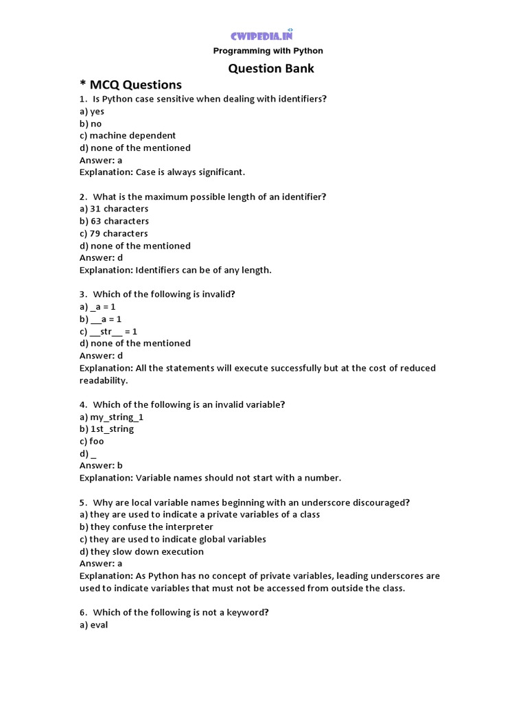 Question Bank MCQ Questions: Programming With Python | PDF | Python ...