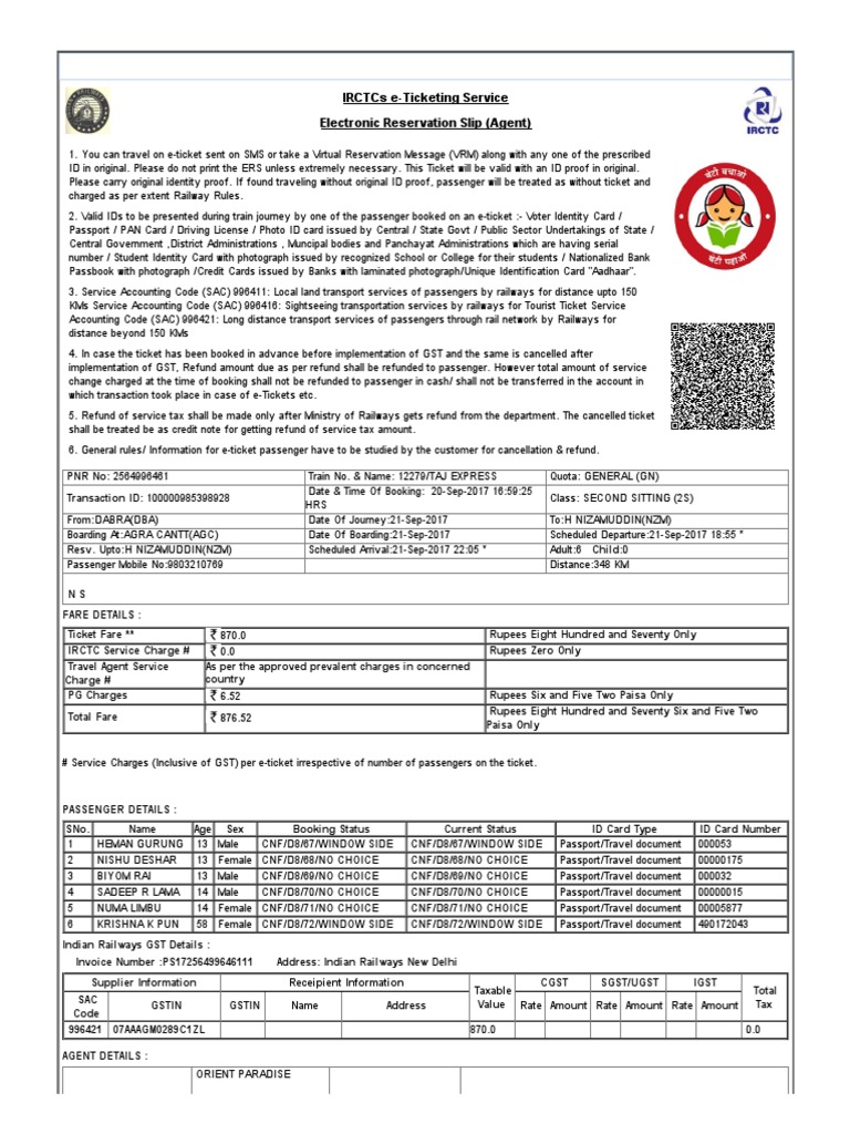 Irctcs E-Ticketing Service Electronic Reservation Slip (Agent) | PDF | Identity Document ...
