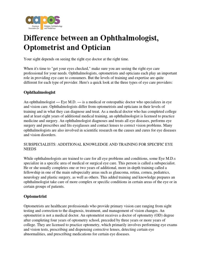 Difference Between An Ophthalmologist, Optometrist and Optician PDF | PDF | Optometry ...