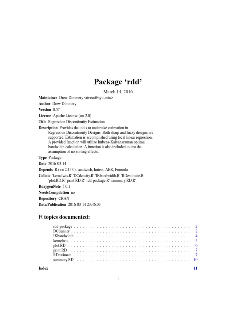 Package RDD': R Topics Documented | PDF | Regression Analysis | P Value