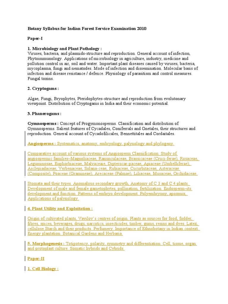 Botany Syllabus For Indian Forest Service Examination 2010 Paper-I 1 ...