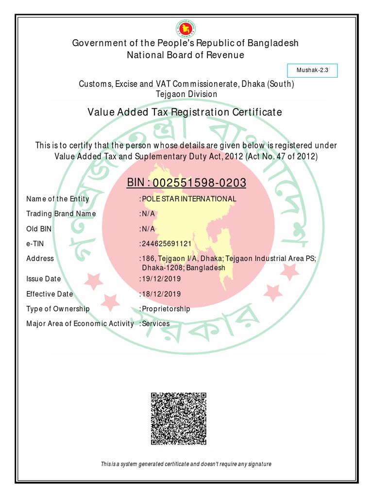 Value Added Tax Registration Certificate: Government of The People's ...