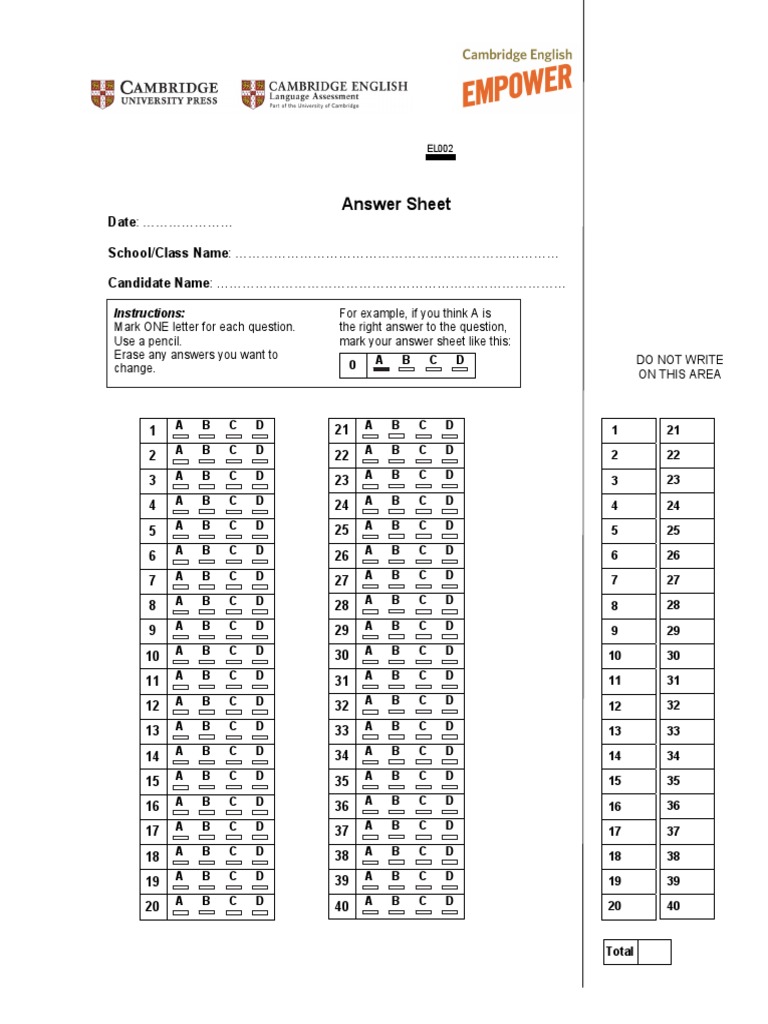 Empower Placement Test, Student Answer Sheet | PDF