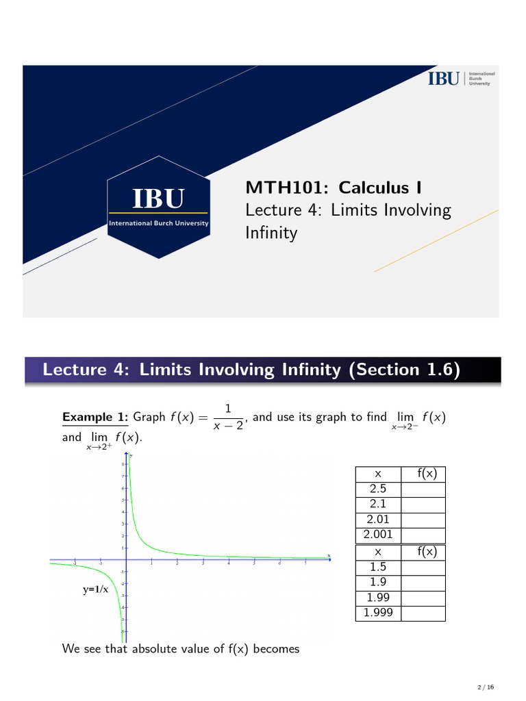 MTH101: Calculus I Lecture 4: Limits Involving Infinity | PDF | Limit (Mathematics) | Infinity