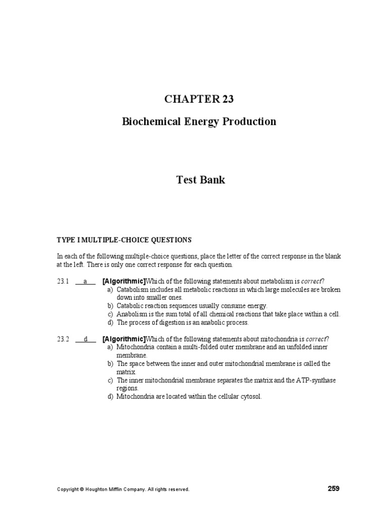 Biochemical Energy Production: Type I Multiple-Choice Questions ...