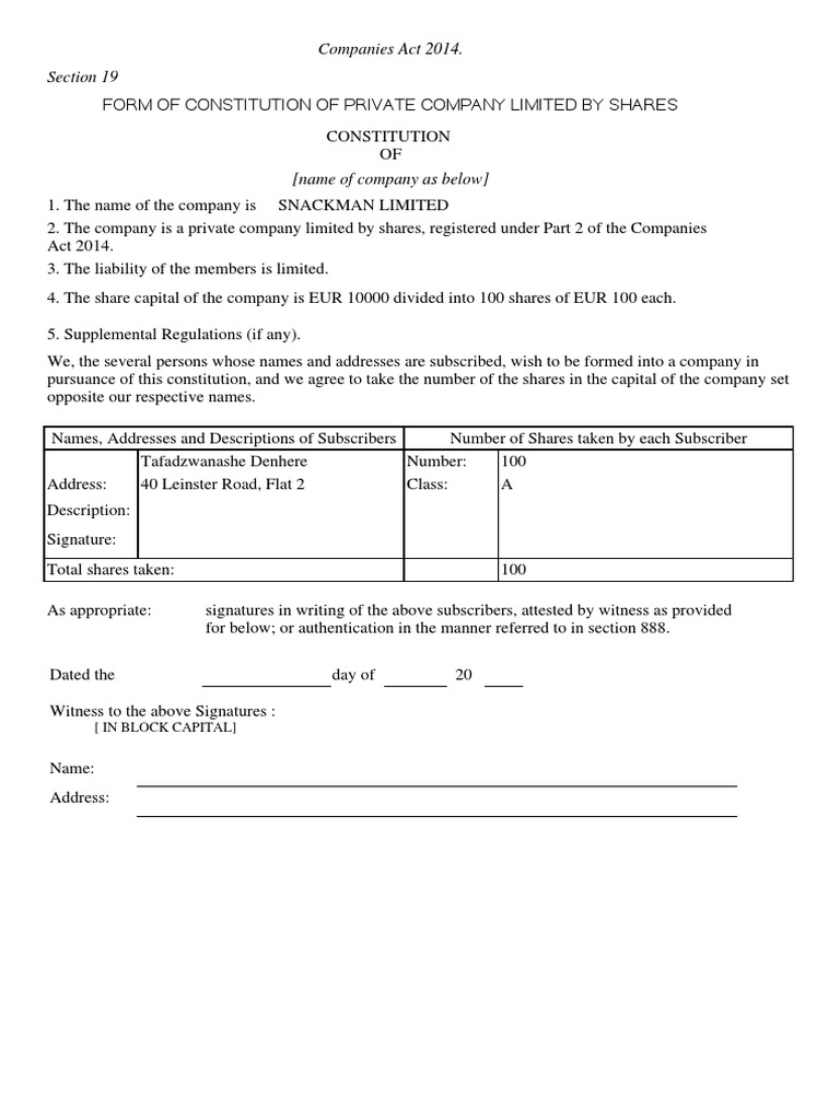 Form of Constitution of Private Company Limited by Shares: Companies Act 2014. Section 19 | PDF