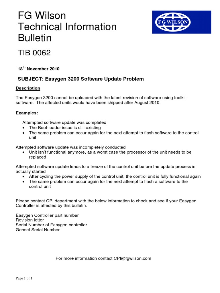 FG Wilson Technical Information Bulletin: SUBJECT: Easygen 3200 ...