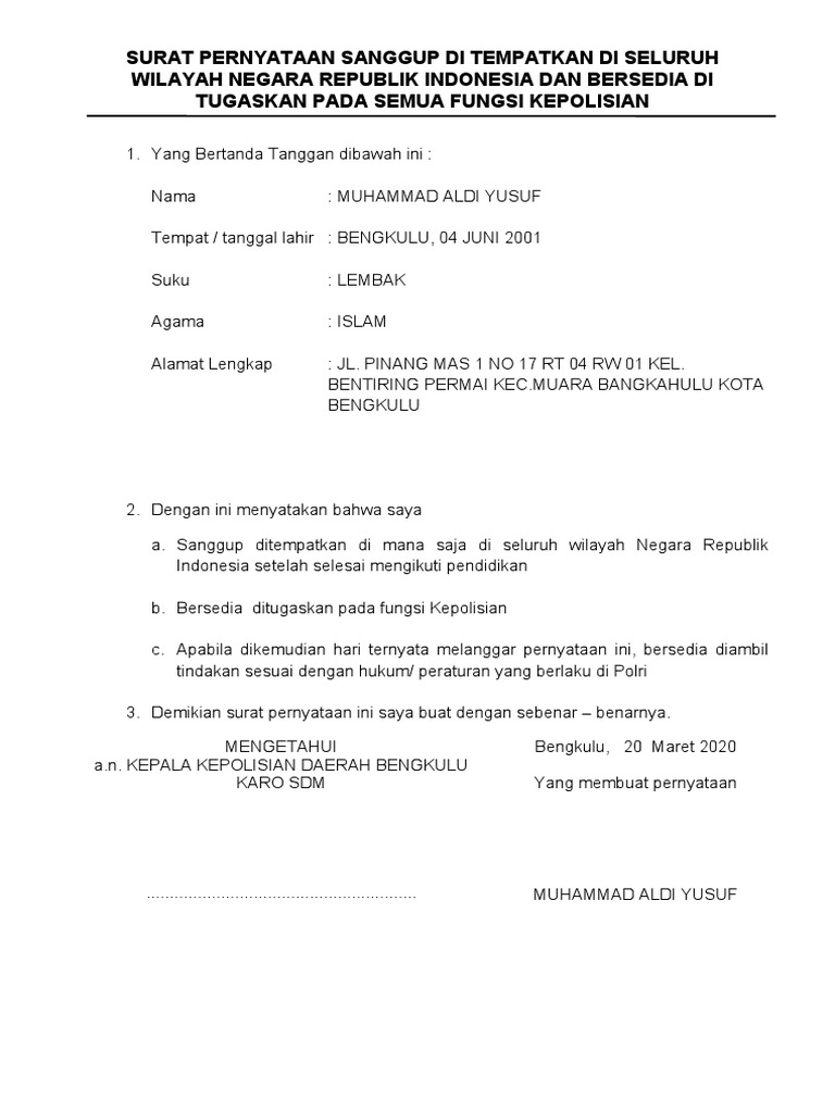 SURAT PERNYATAAN SANGGUP DI TEMPATKAN DI SELURUH Indonesia | PDF