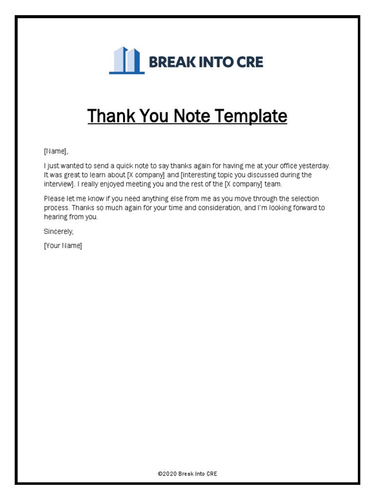 Thank You Note Template: ©2020 Break Into CRE | PDF