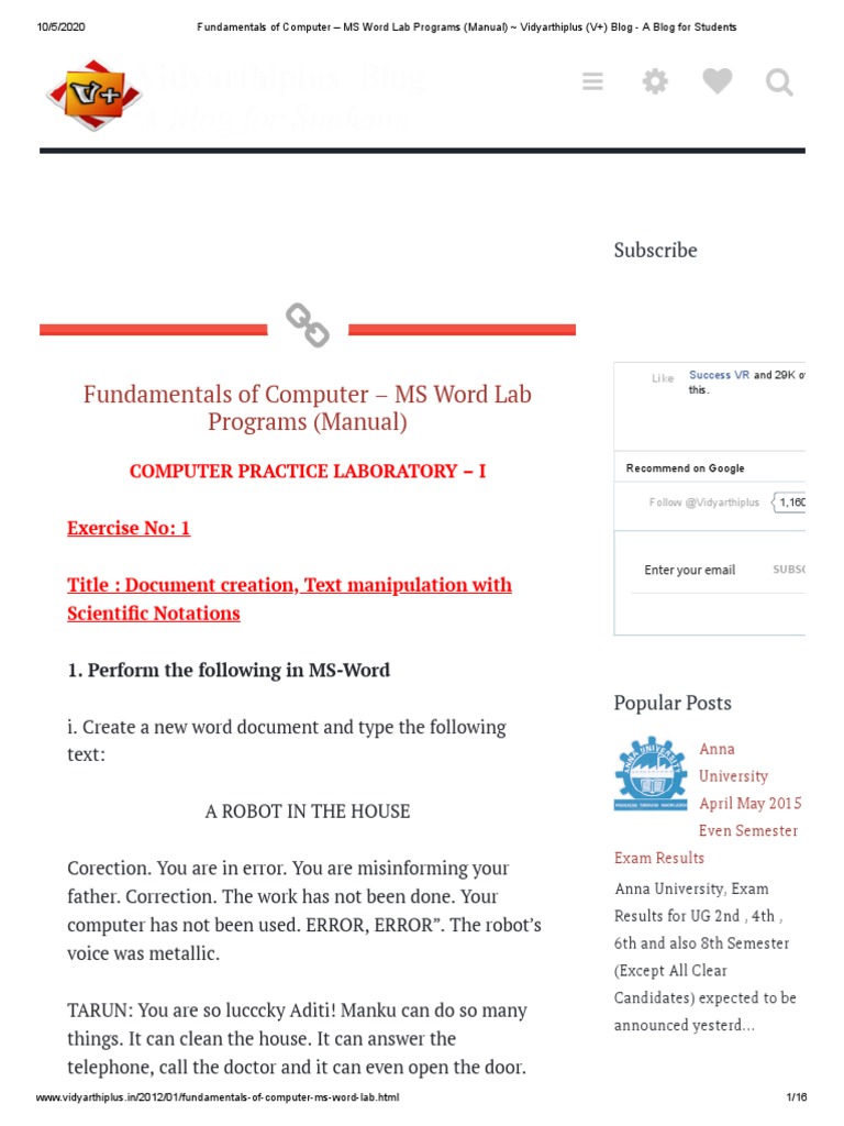 Fundamentals of Computer - MS Word Lab Programs (Manual ...