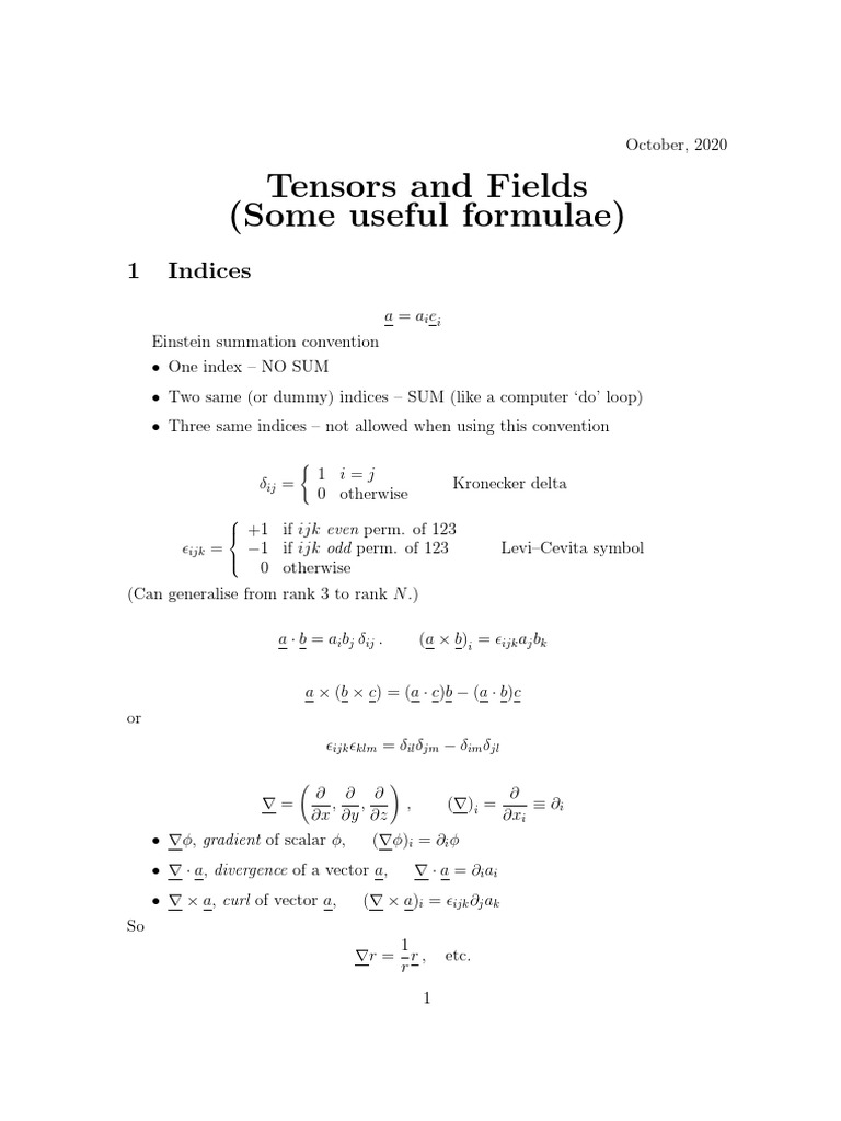 Summary of Tensors and Fields | PDF | Green's Function | Functions And Mappings