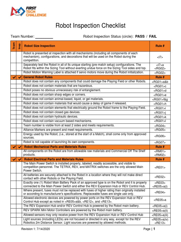 Robot Inspection Checklist | PDF | Switch | Electric Motor