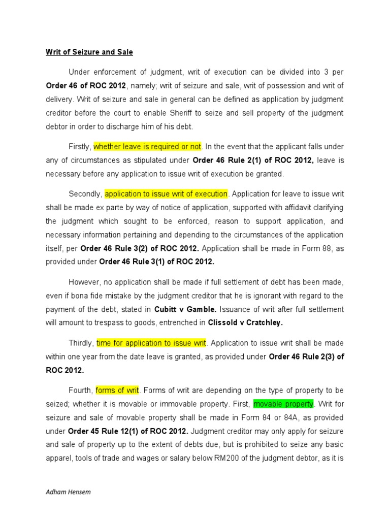 Writ of Seizure and Sale | PDF | Search And Seizure | Judgment (Law)
