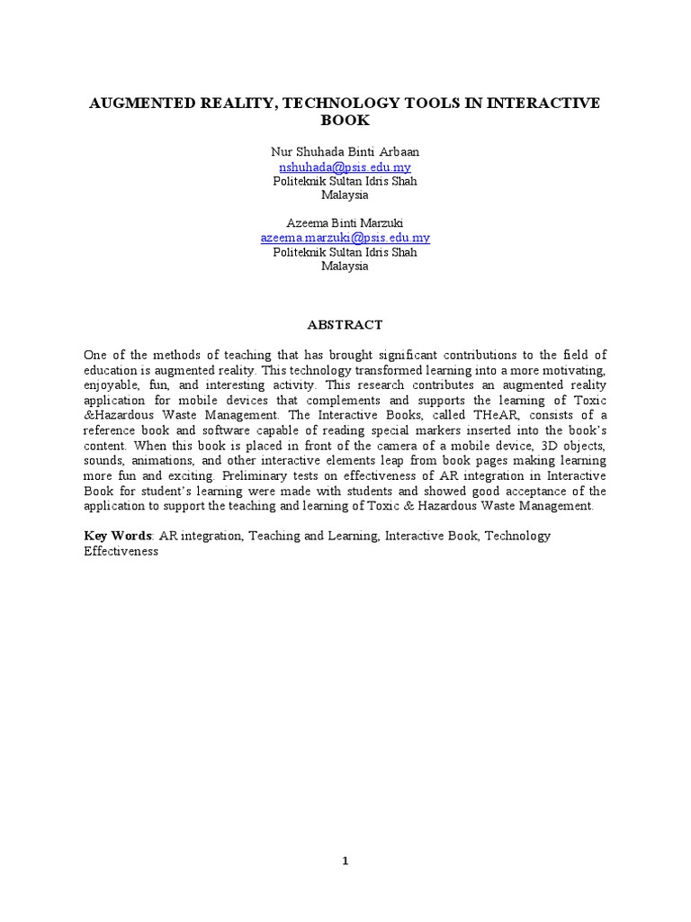 INTERACTIVE BOOK, THeAR AS E-LEARNING TOOLS IN AUGMENTED REALITY | PDF ...
