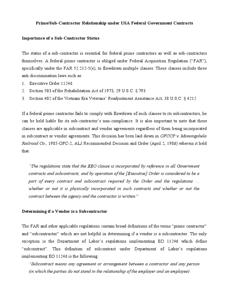Prime/Sub-Contractor Relationship Under USA Federal Government ...