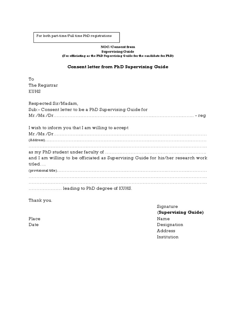 Consent Letter From PHD Supervising Guide: For Both Part-Time/Full Time ...