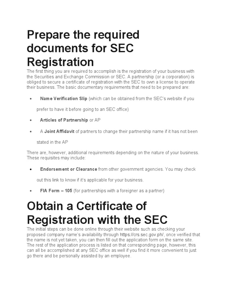 Prepare The Required Documents For SEC Registration | Download Free PDF ...