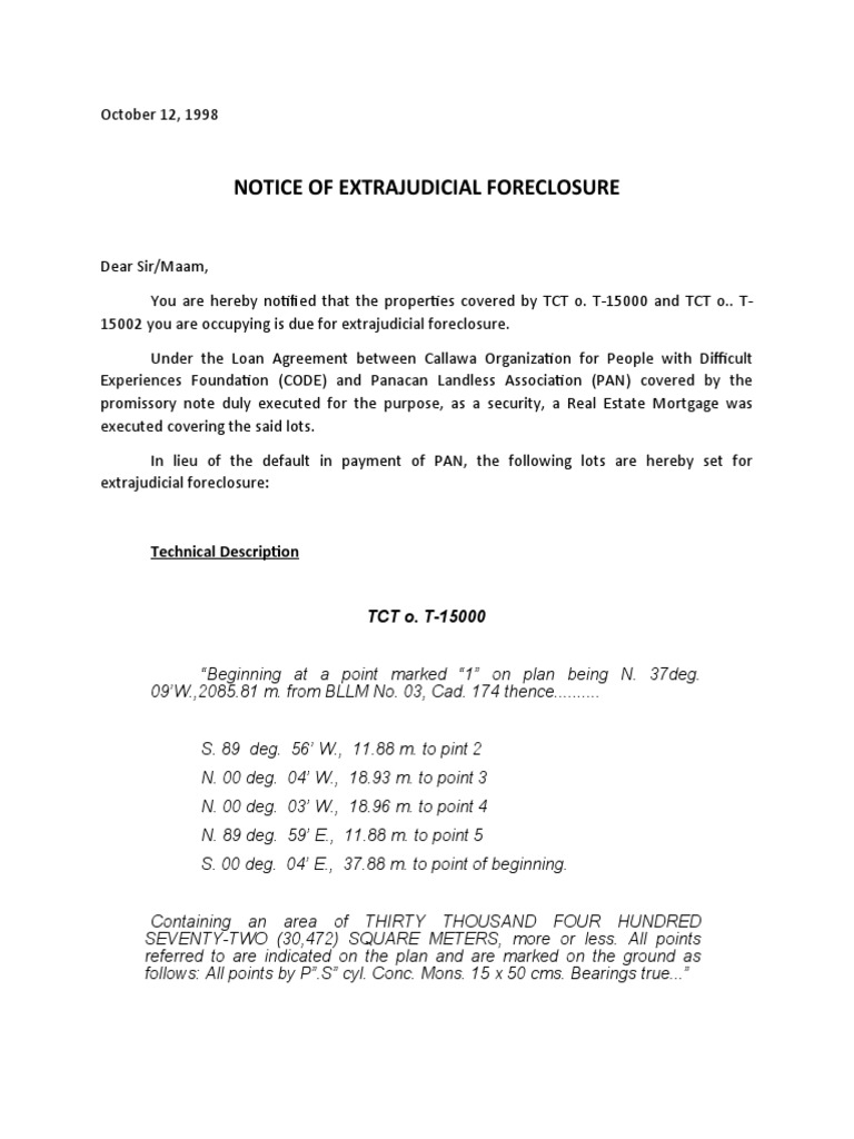 Notice of Extrajudicial Foreclosure | PDF | Foreclosure | Private Law