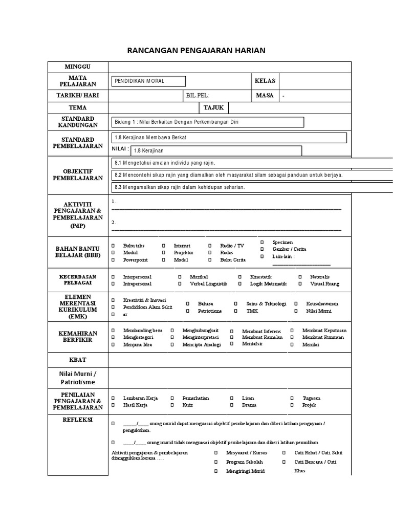 Contoh RANCANGAN PENGAJARAN HARIAN Moral Form 5 | PDF | Seni