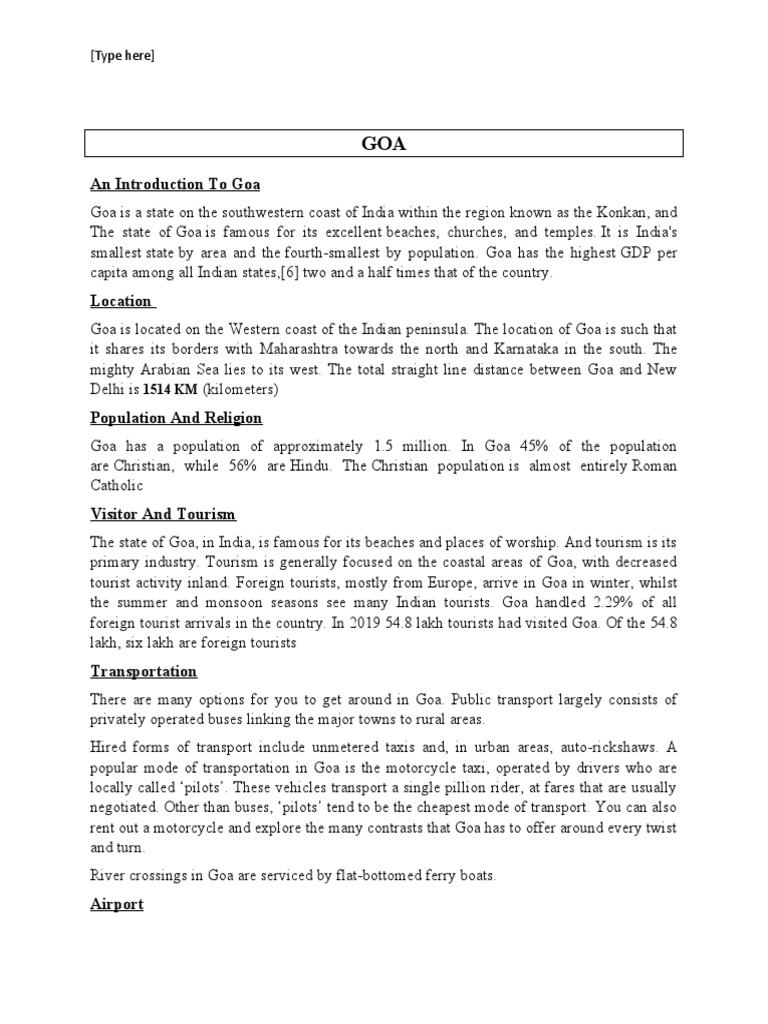 An Introduction To Goa: (Type Here) | PDF | Tourism | Transport