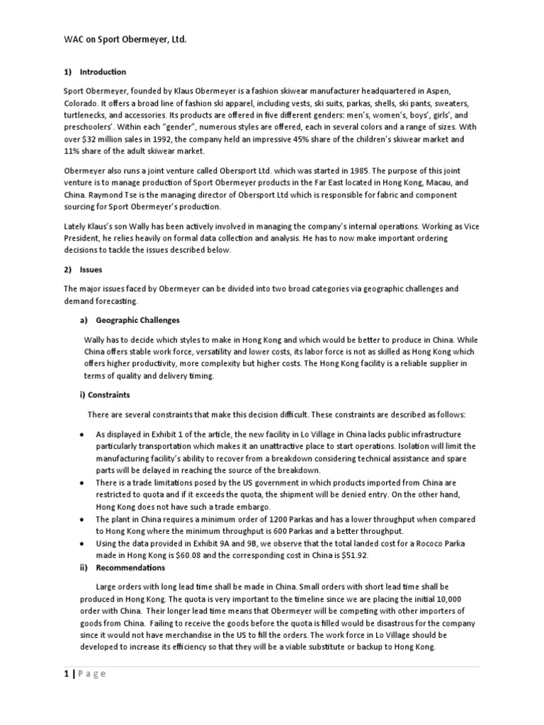 WAC On Sport Obermeyer, LTD.: 1) Introduction | PDF | Supply Chain ...