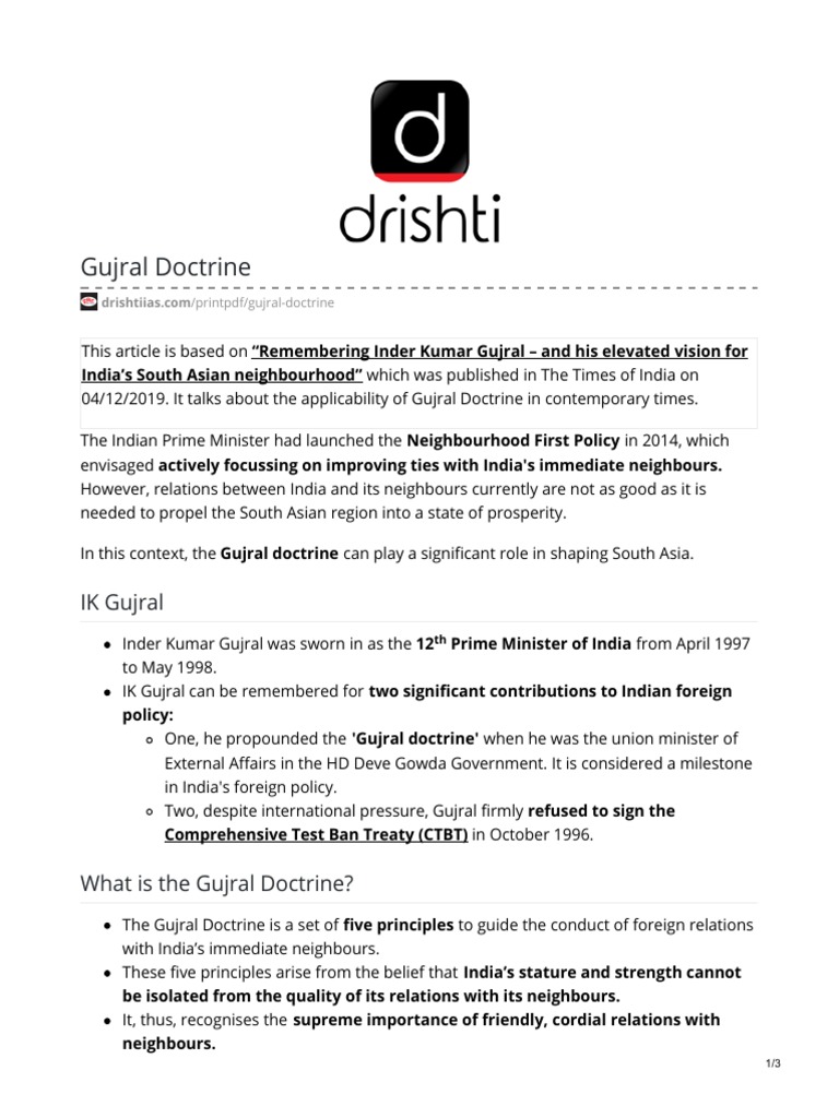 Gujral Doctrine (Dristi) | PDF | South Asia | Global Politics