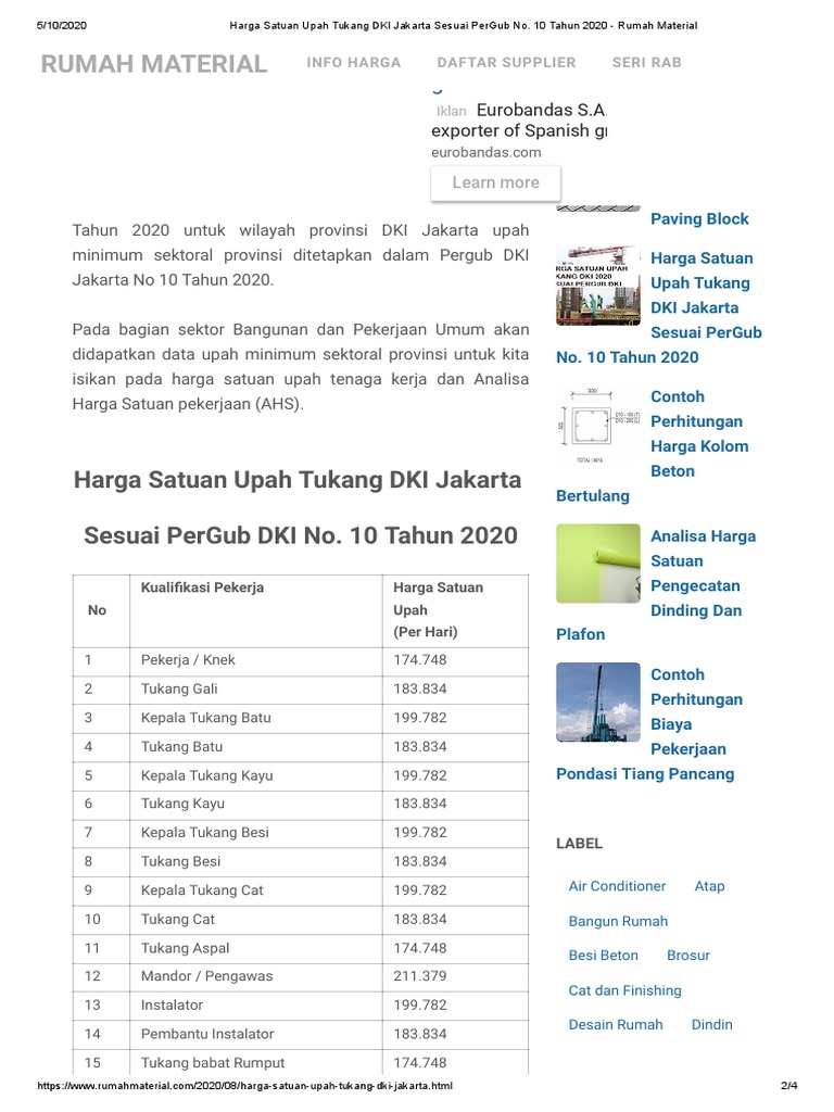 Harga Satuan Upah Tukang DKI Jakarta Sesuai PerGub No. 10 Tahun 2020 | PDF