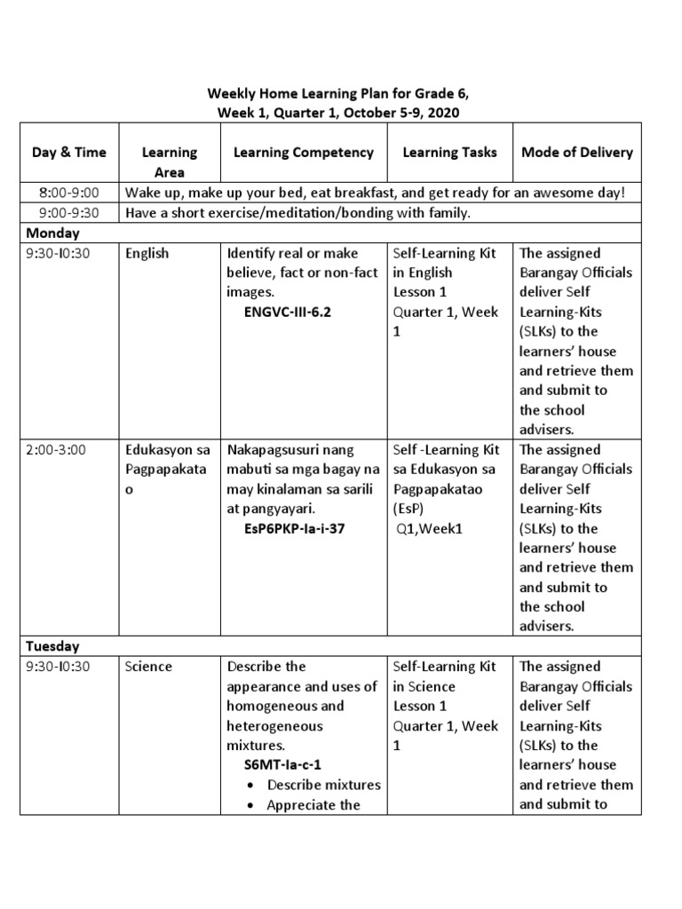 Weekly Home Learning Plan For Grade 6 | PDF | Educational Psychology ...