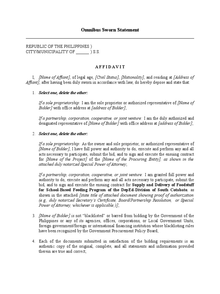 Omnibus Sworn Statement: Affidavit | PDF | Affidavit | Sole Proprietorship