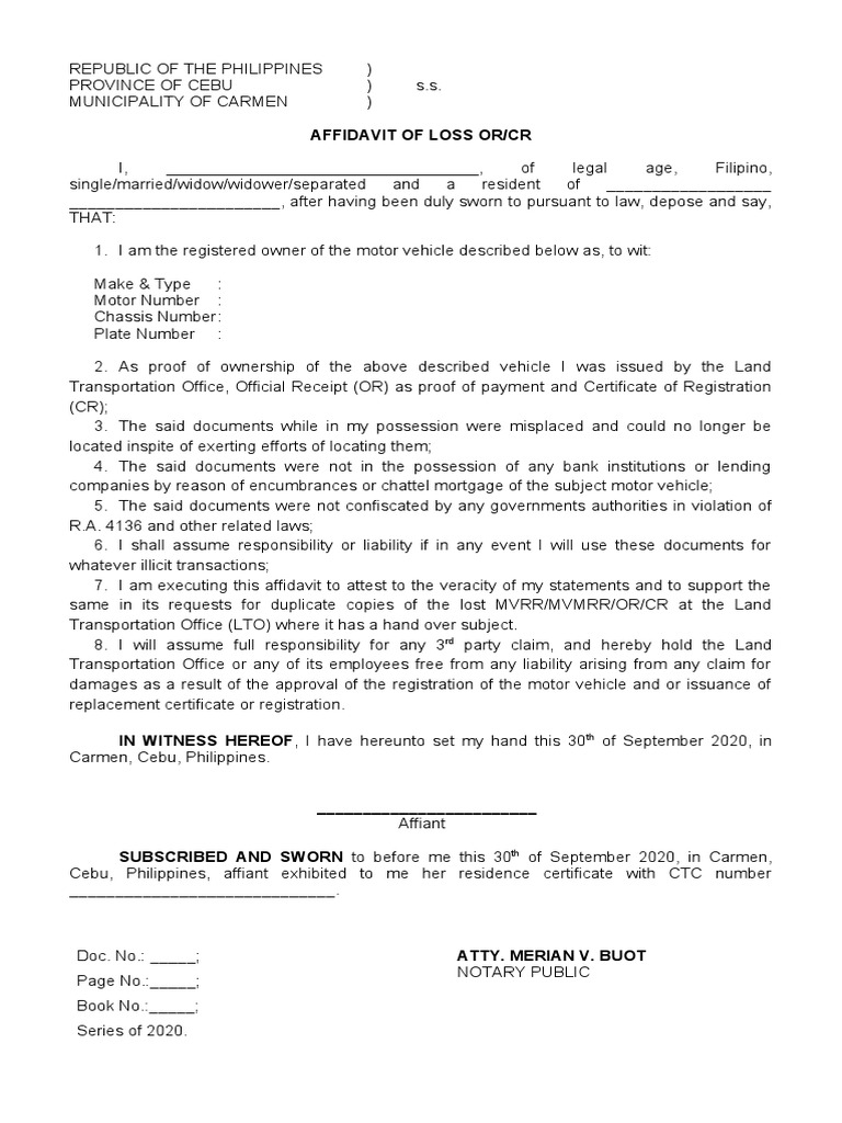 Affidavit of Loss OR CR LTO | PDF | Affidavit | Social Institutions
