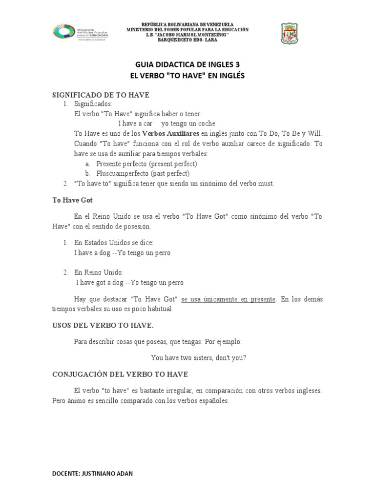 Uso del verbo "to have" en inglés | PDF | Conjugación gramatical | Verbo