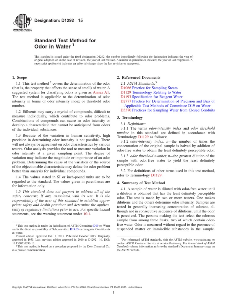 Odor in Water: Standard Test Method For | PDF | Odor | Ester
