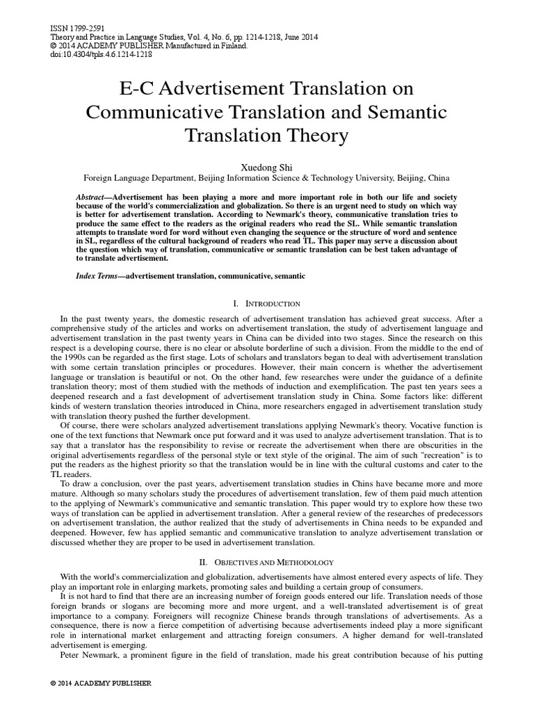E-C Advertisement Translation On Communicative Translation and Semantic ...