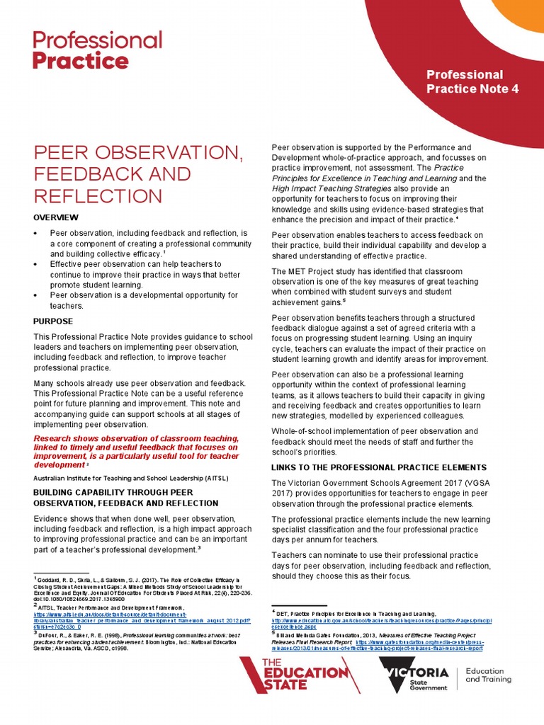 Professional Practice Note 4 Peer Observation Feedback Reflection | PDF ...