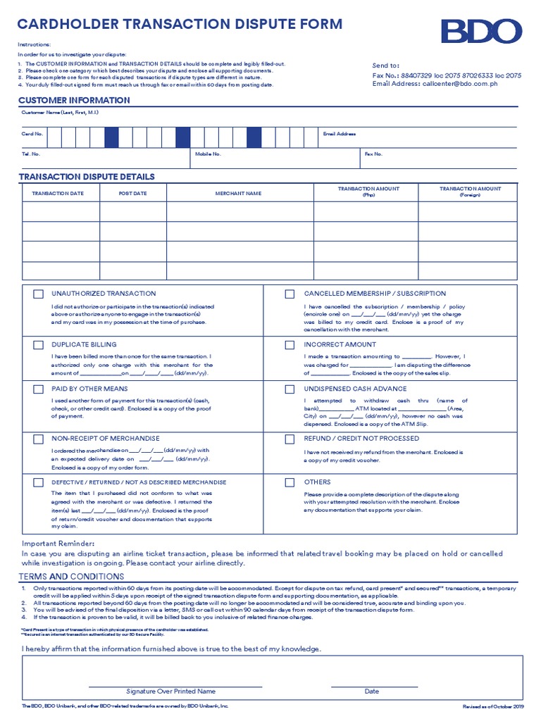 Cardholder Transaction Dispute Form: Customer Information | PDF ...