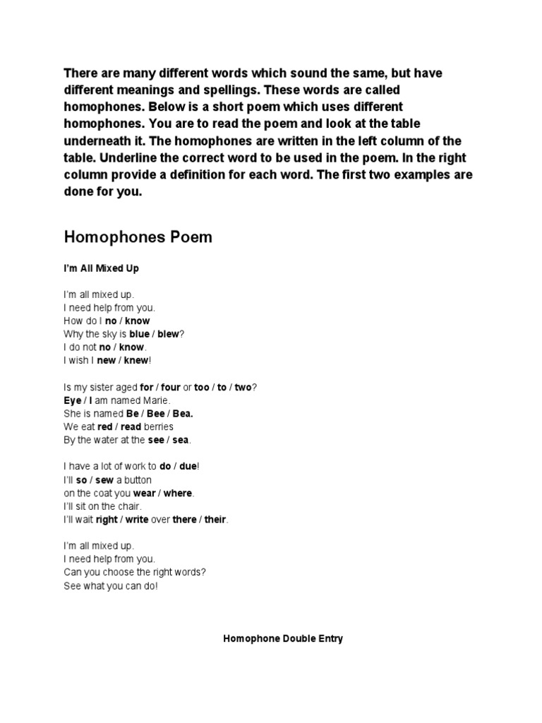 Homophones Poem | PDF