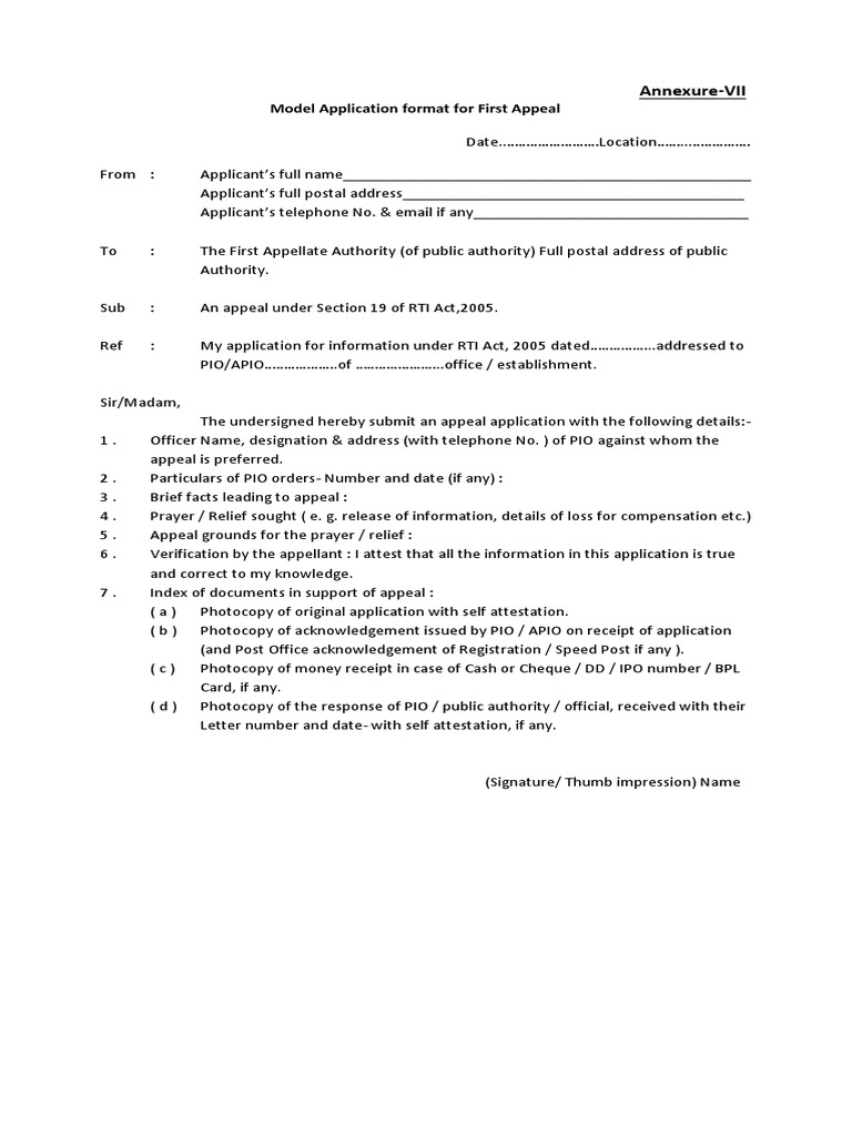RTI Model Application Format For First Appeal PDF | PDF