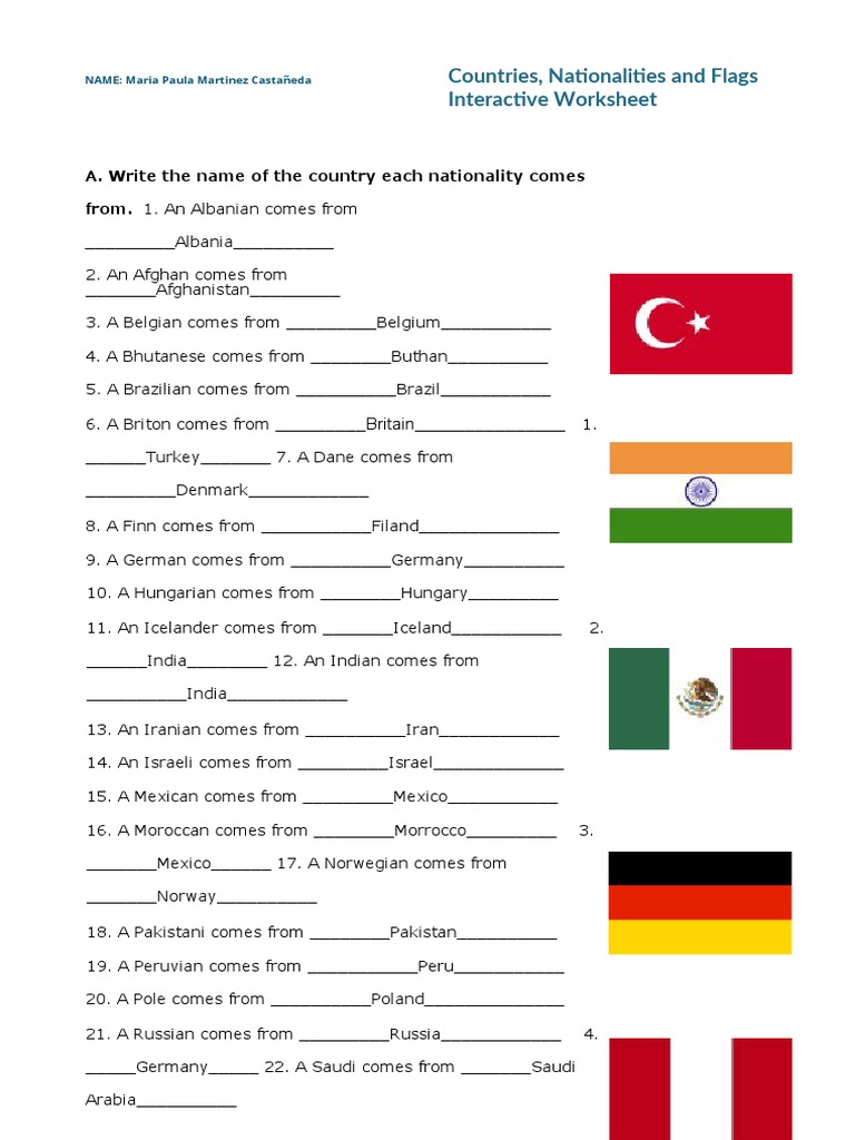 Countries Nationalities and Flags Interactive Worksheet