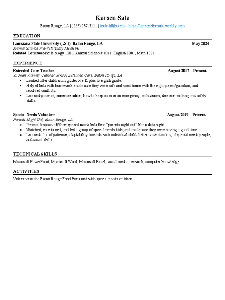 Karsen Sala's Resume: Animal Science & Teaching | PDF | Wellness