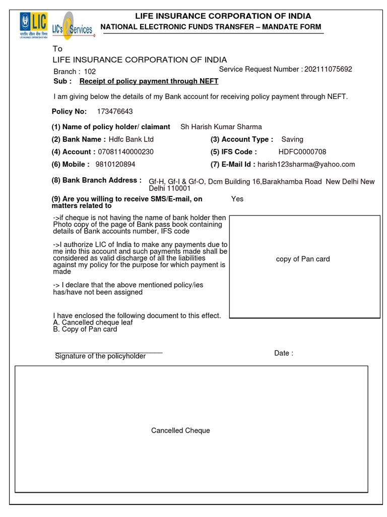 LIC NEFT Registration Mandate Form | PDF