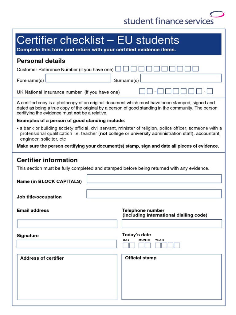 Certifier Checklist - EU Students: Personal Details | PDF