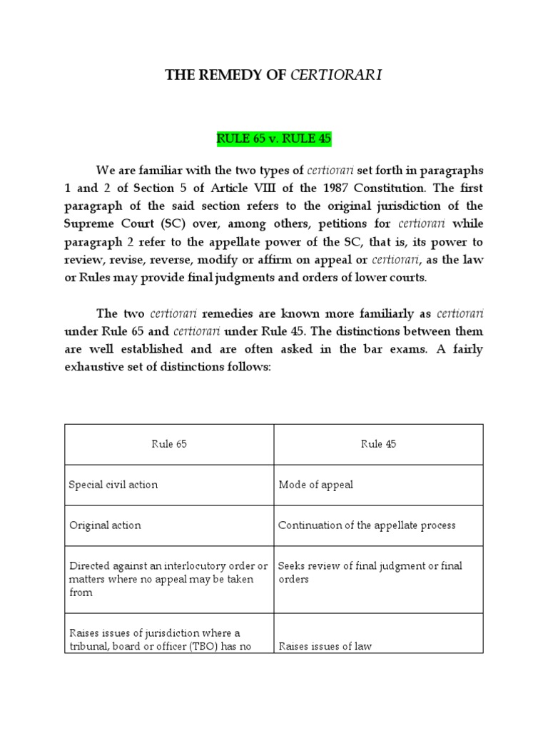 The Remedy of Certiorari | PDF | Certiorari | Jurisdiction