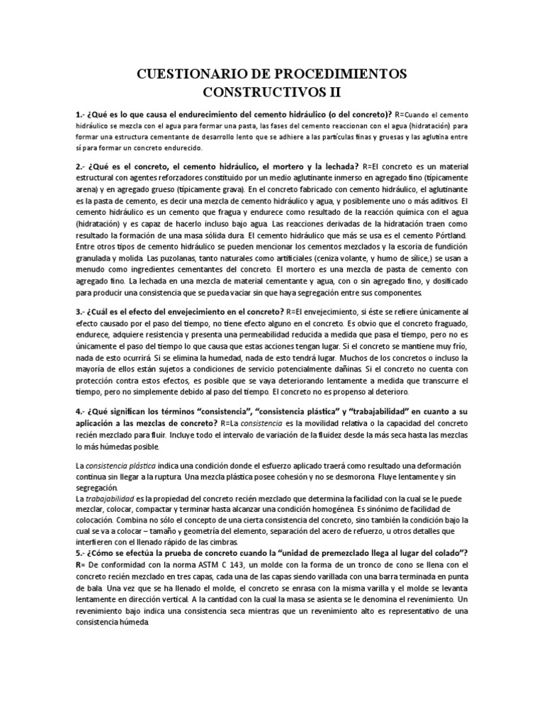 Cuestionario de Procedimientos Constructivos Ii | PDF | Hormigón pretensado | Hormigón