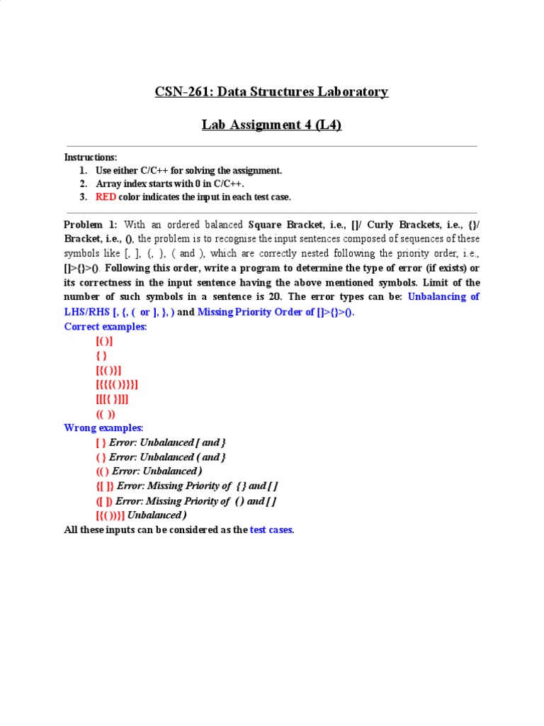 CSN-261: Data Structures Laboratory Lab Assignment 4 (L4) | PDF | C (Programming Language) | Bracket