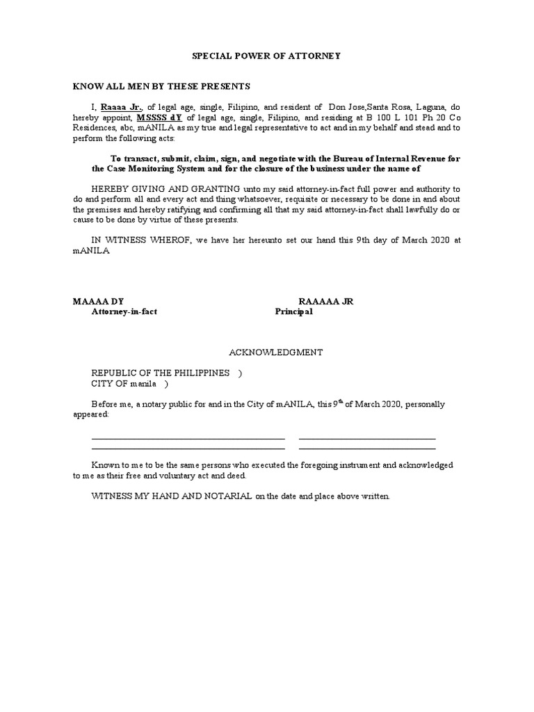 Special Power of Attorney for BIR Transactions | PDF | Law