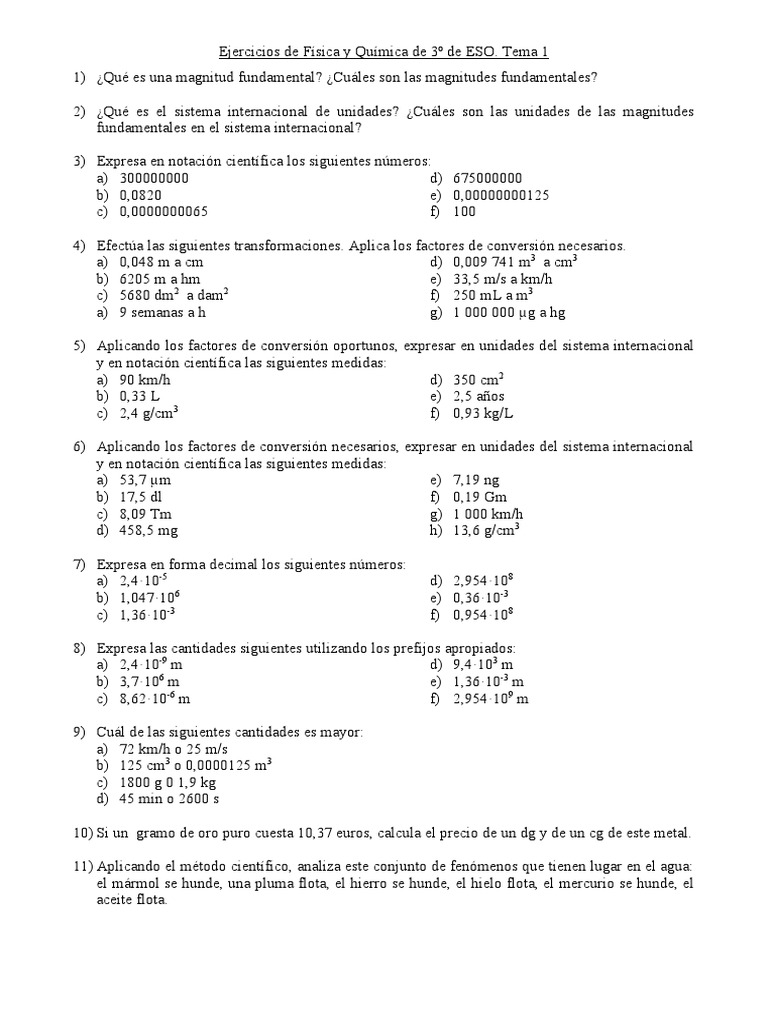 Ejercicios Tema 1 FyQ 3eso | PDF | Medición | Observación científica