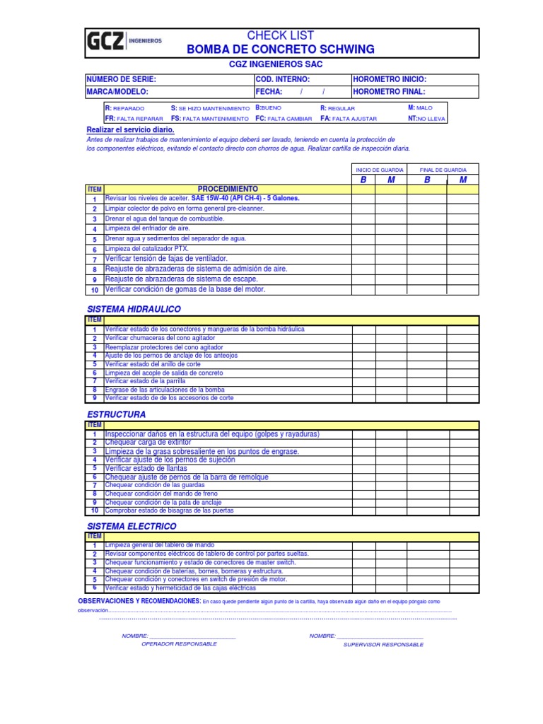 2.-Check List Bomba Schwing | PDF | Bienes manufacturados | Vehículos