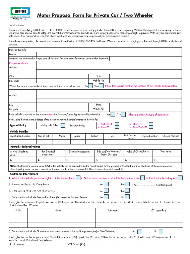 Motor Proposal Form For Private Car or Two Wheelar PDF | PDF